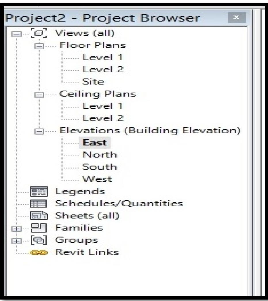 Project browser window depicting the elevations tab