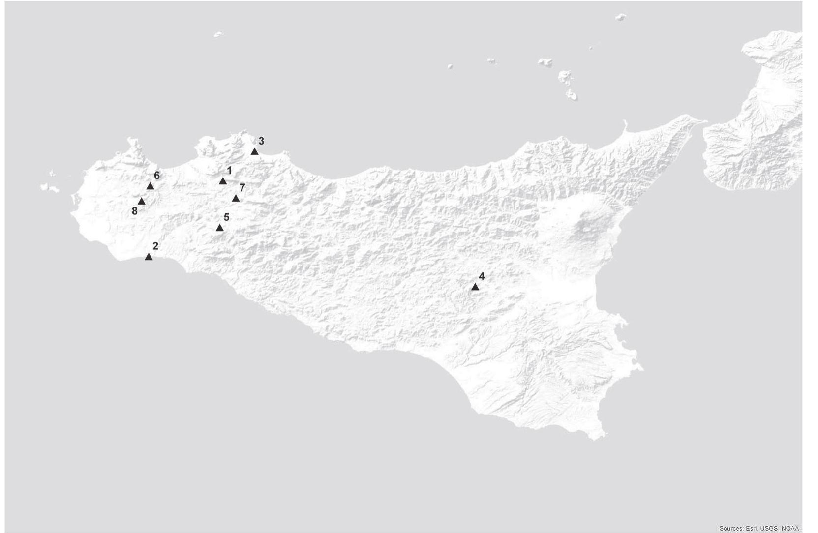Map of sicily with sites mentioned in the text. 1: monte