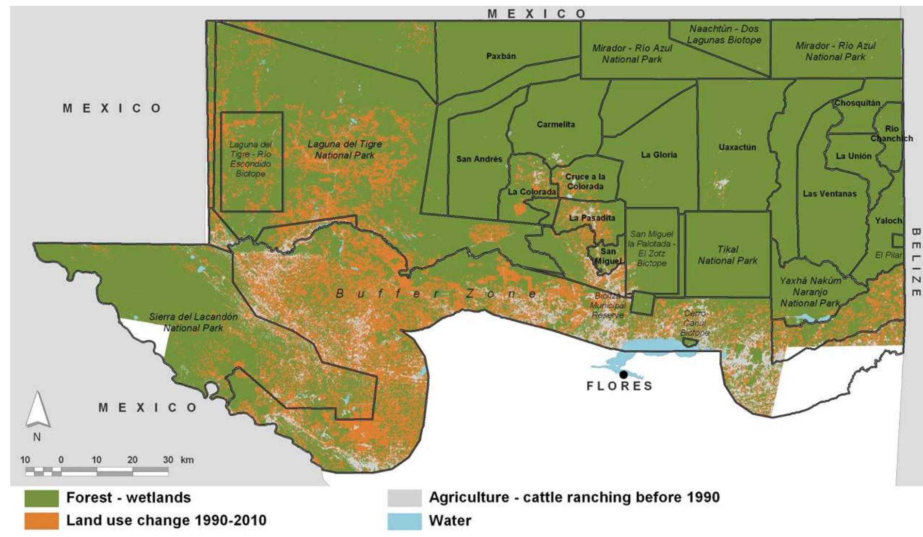 Map of deforestation in the maya biosphere reserve since its