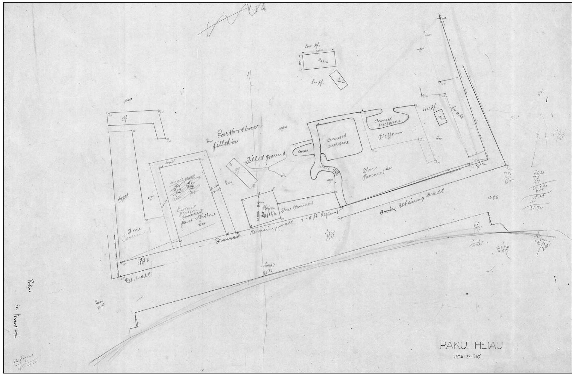 Plan of pakui heiau, showing calculations and cross-section