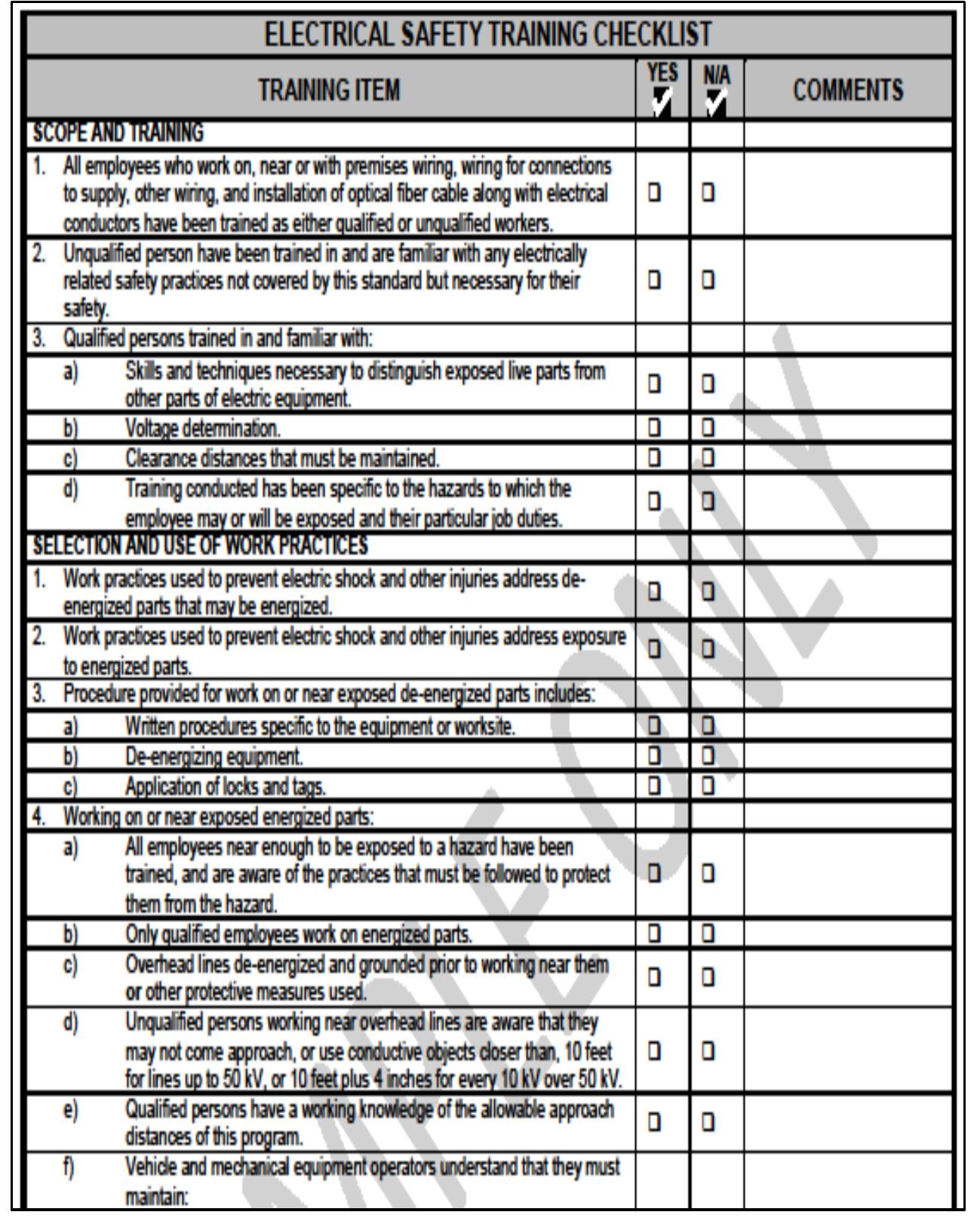 - electrical safety training check list for the duration of