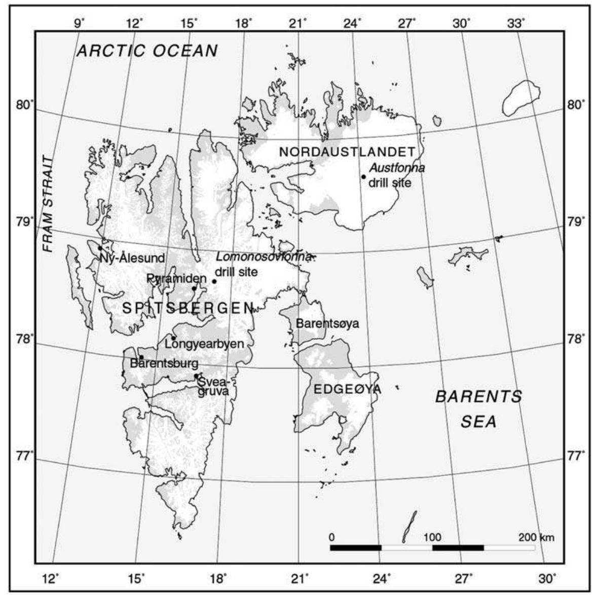 Map of svalbard with the ice core locations on