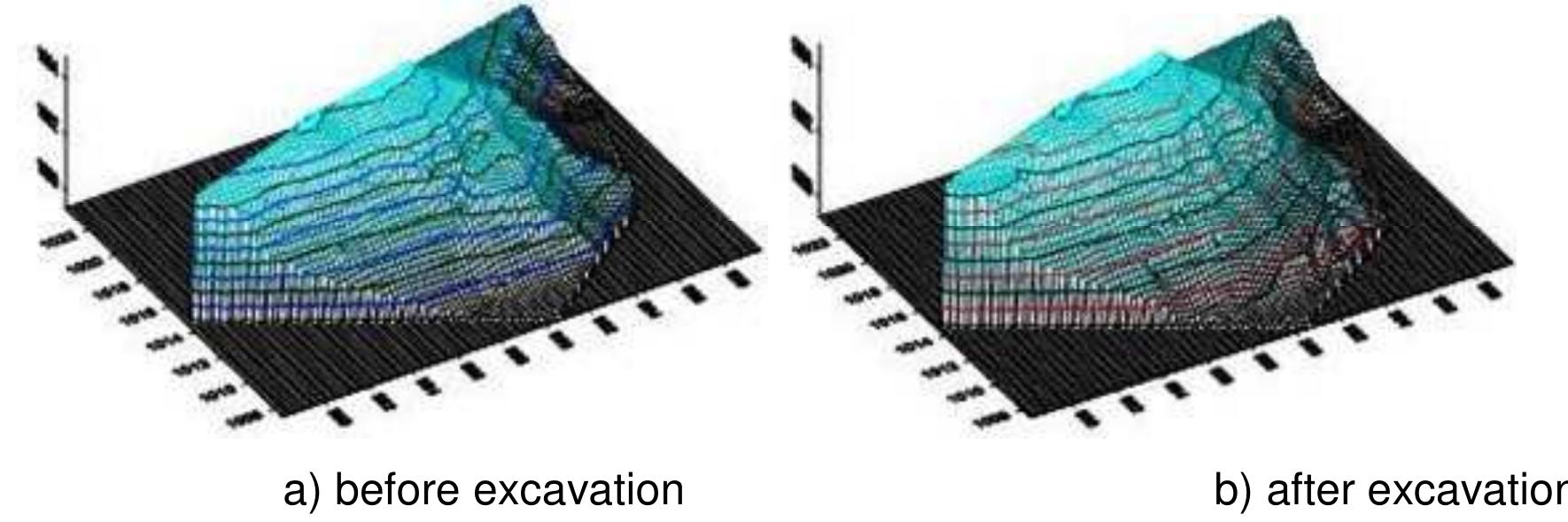 Wire frame map before and after excavation