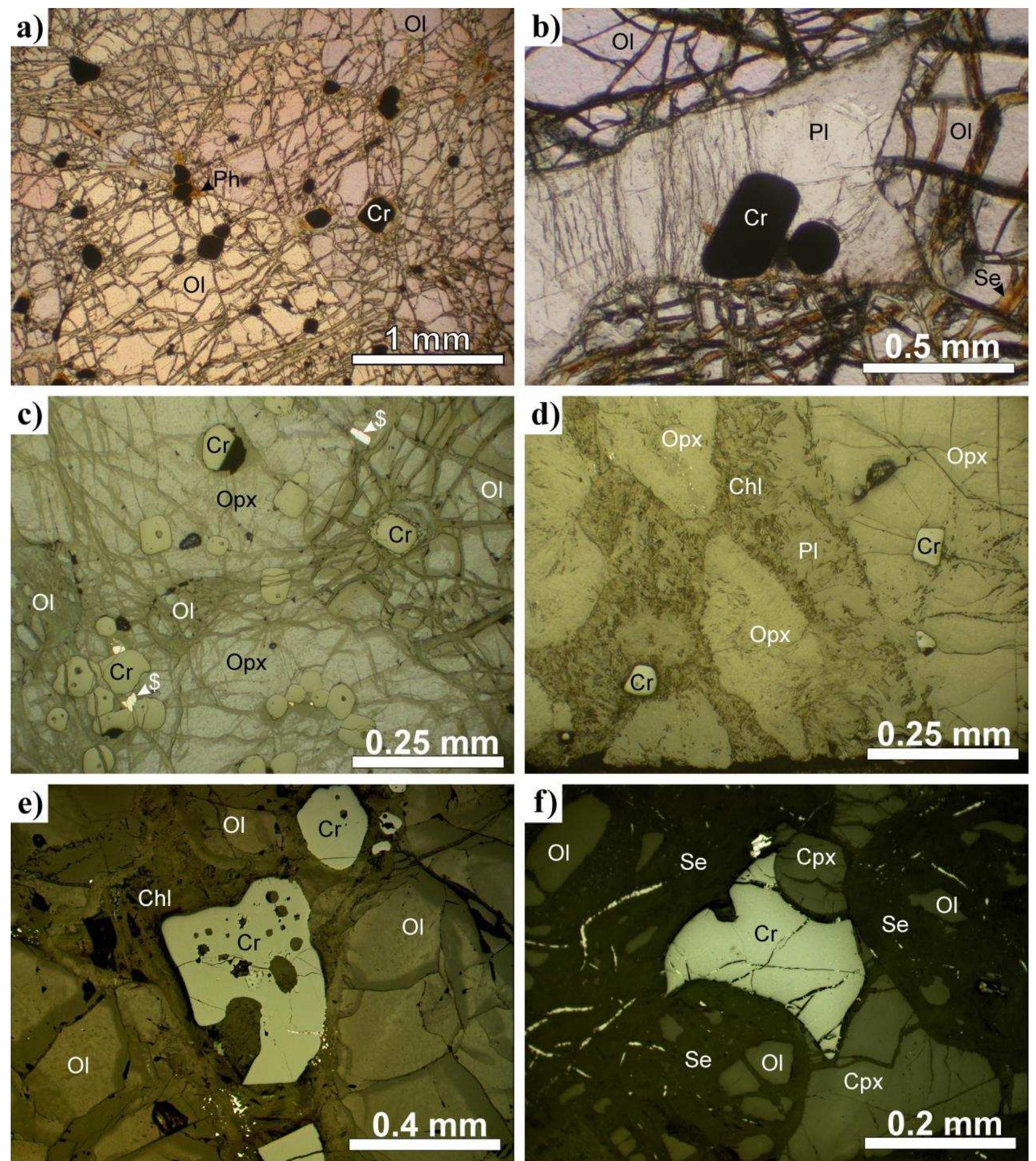 Photomicrographs of chrome-spinel textures of the kmka