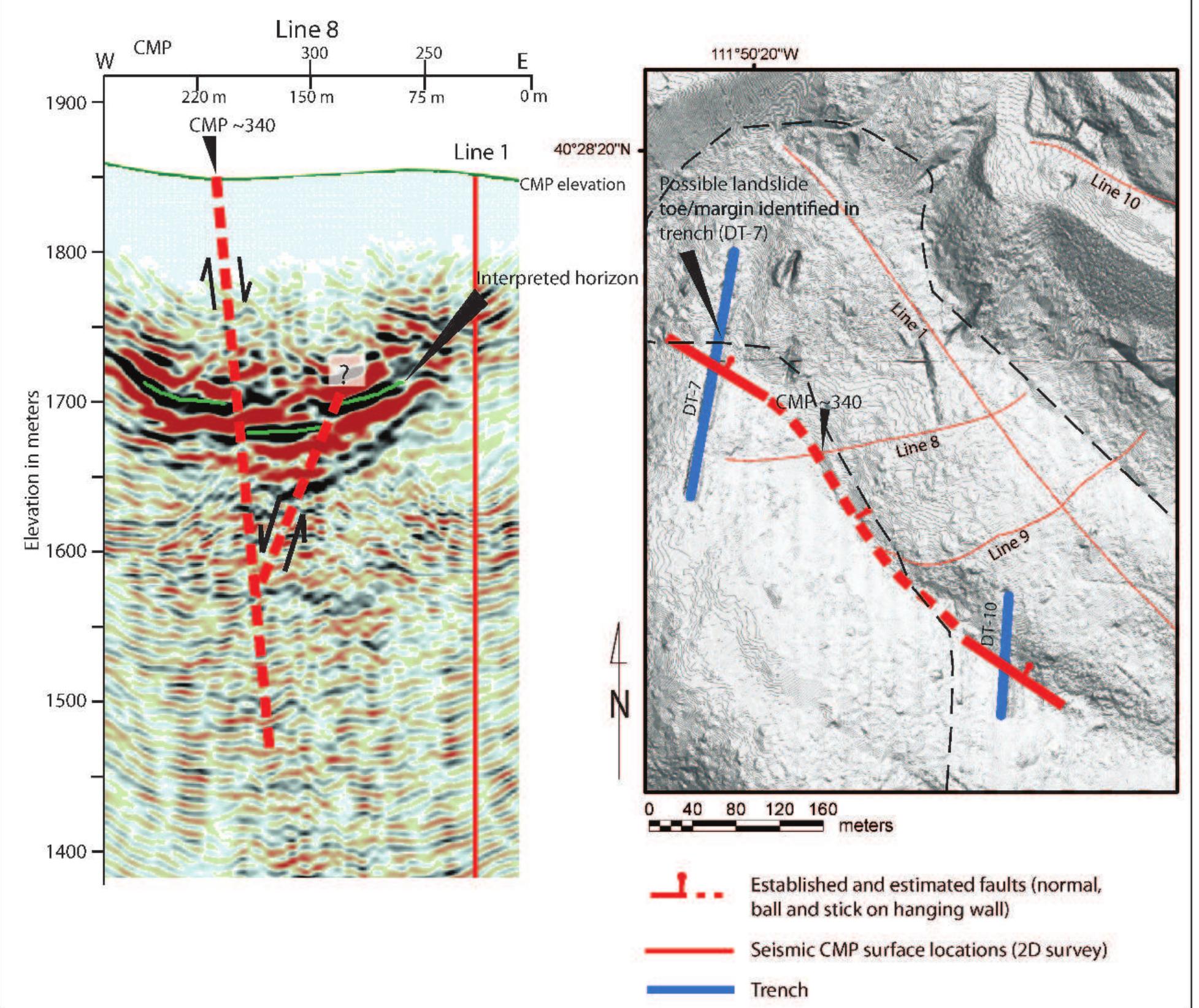 Seismic line 8 (left) and lidar hillshade surface map