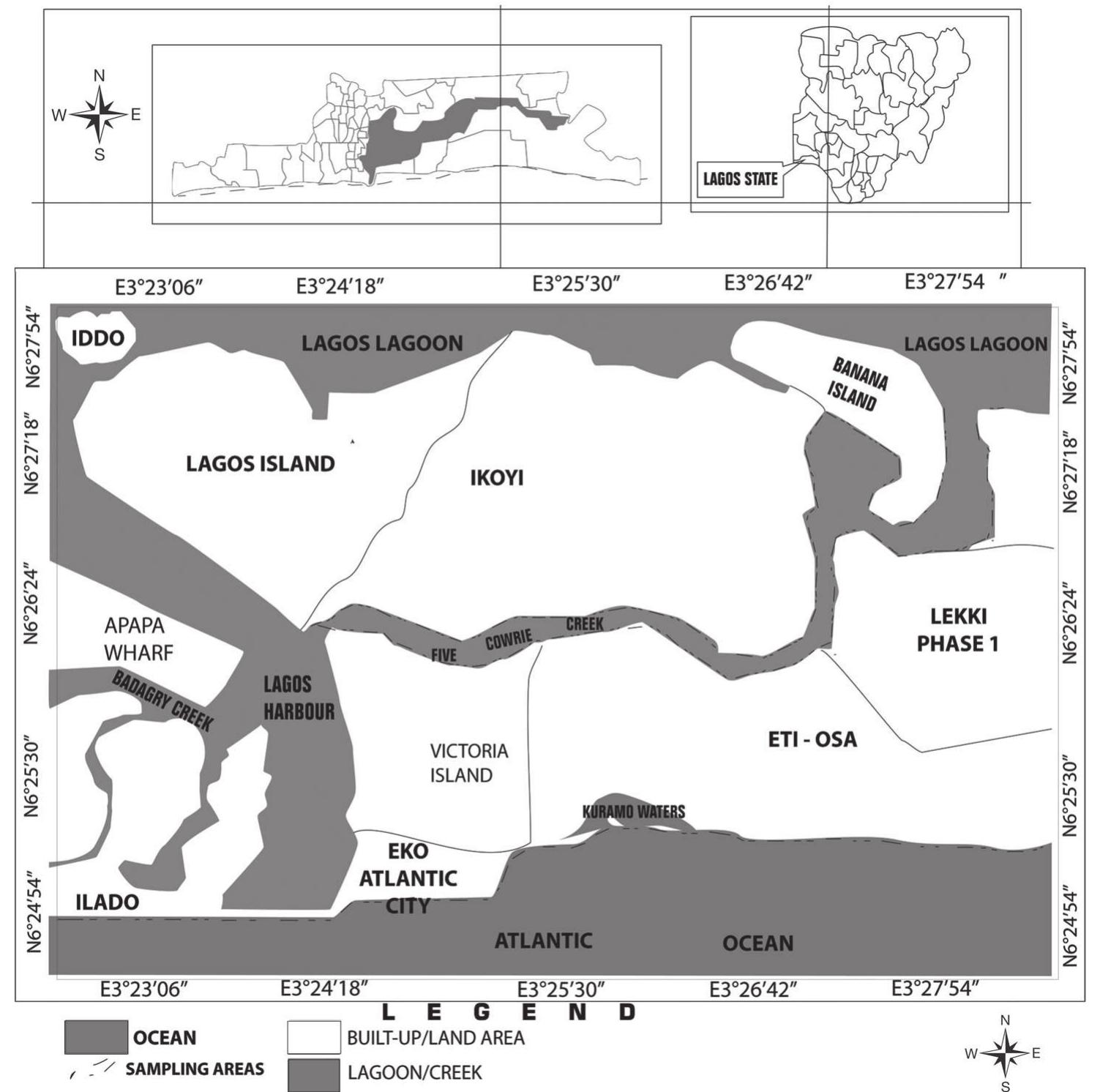 Map of lagos showing the areas in which fish samples were