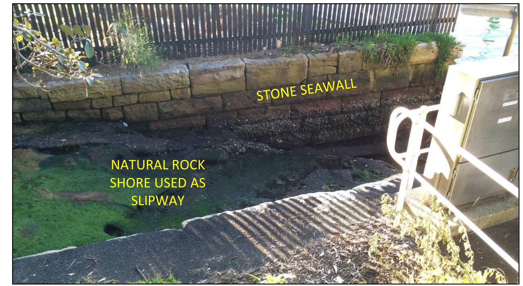 Natural rock former slipway and seawall reclamation (map 6,