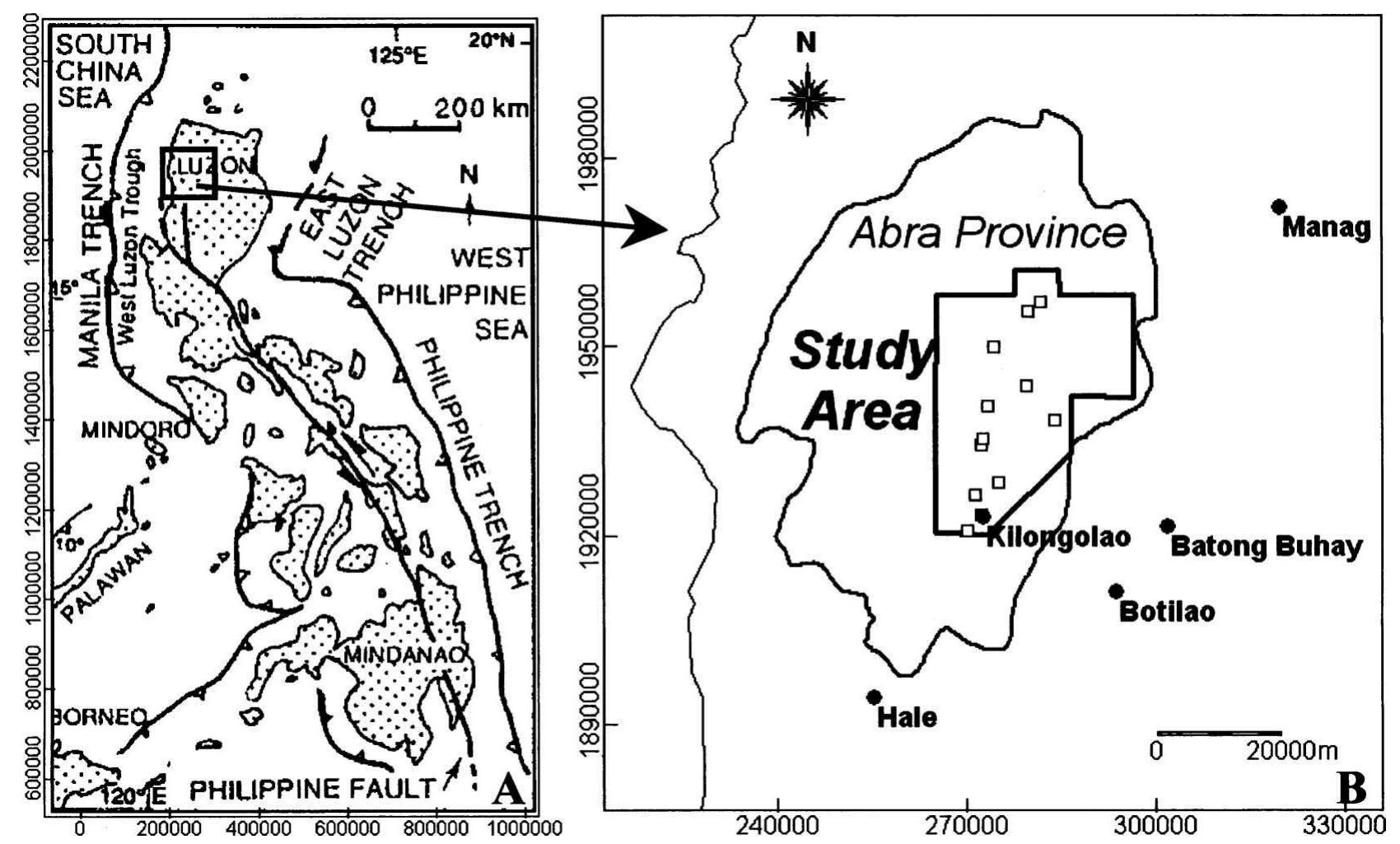A, regional geotectonic map of philippines; b, location of