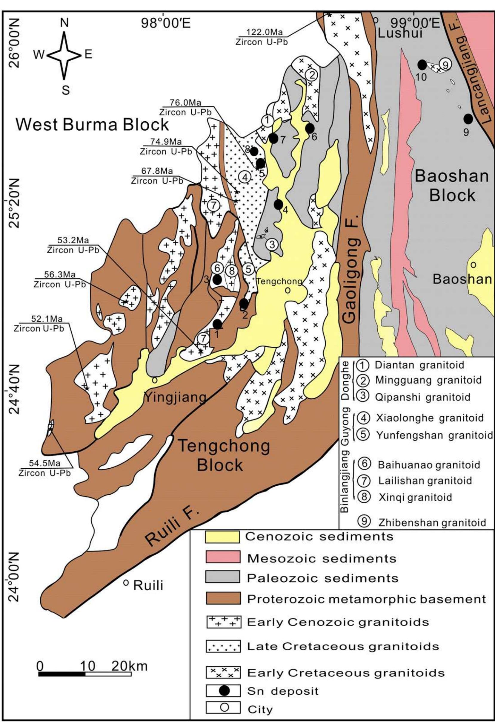 Simplified geological map showing the granitoids and the