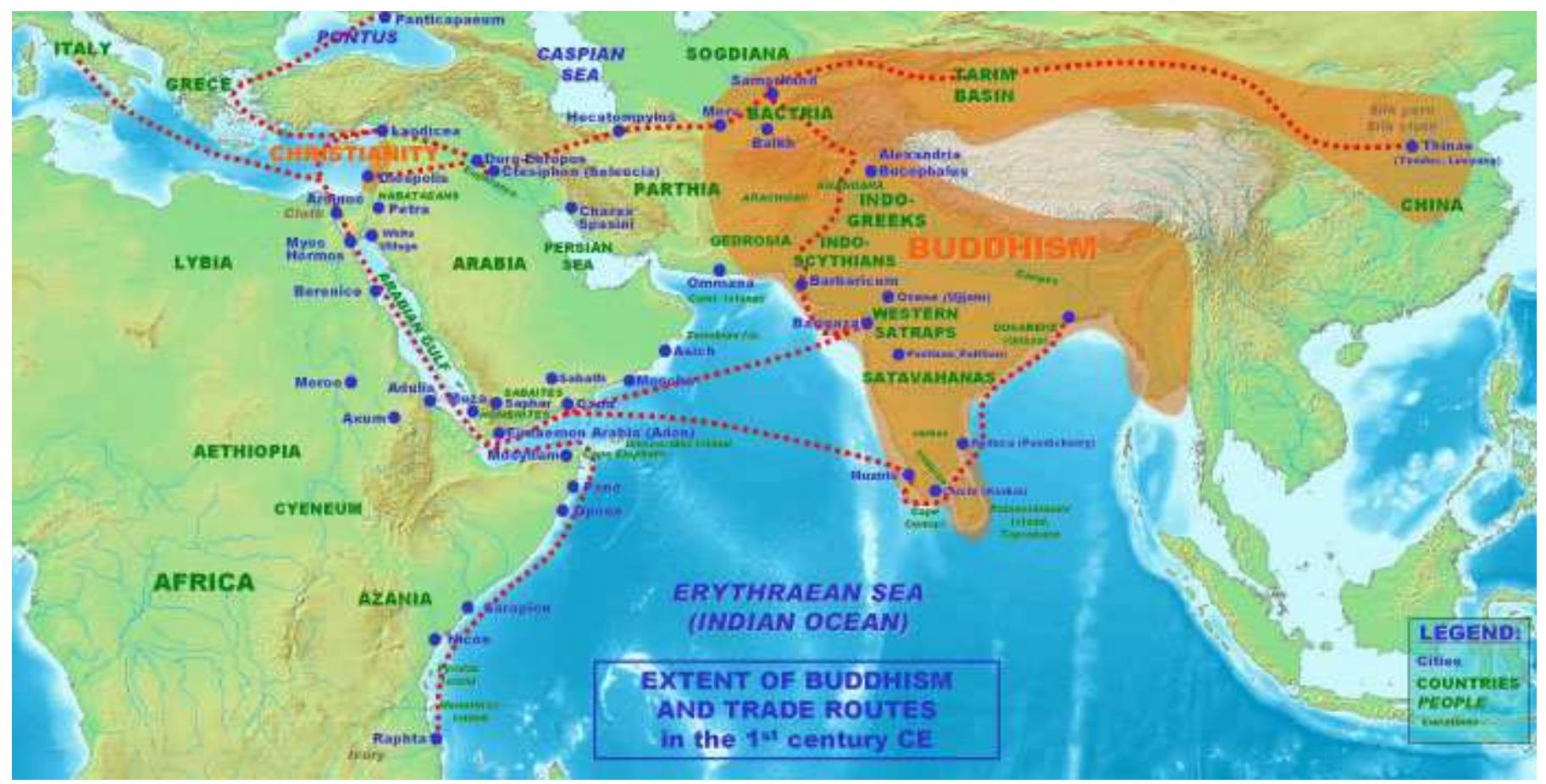 Map of the extent of buddhism and trade routes in the 1st