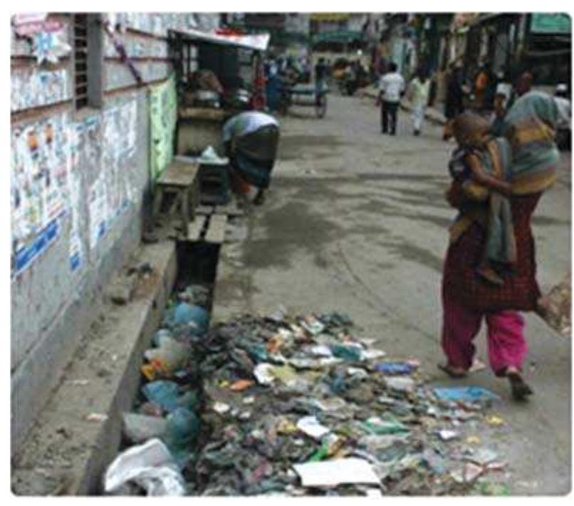 Clogged micro drainage at dhaka, bangladesh. source: