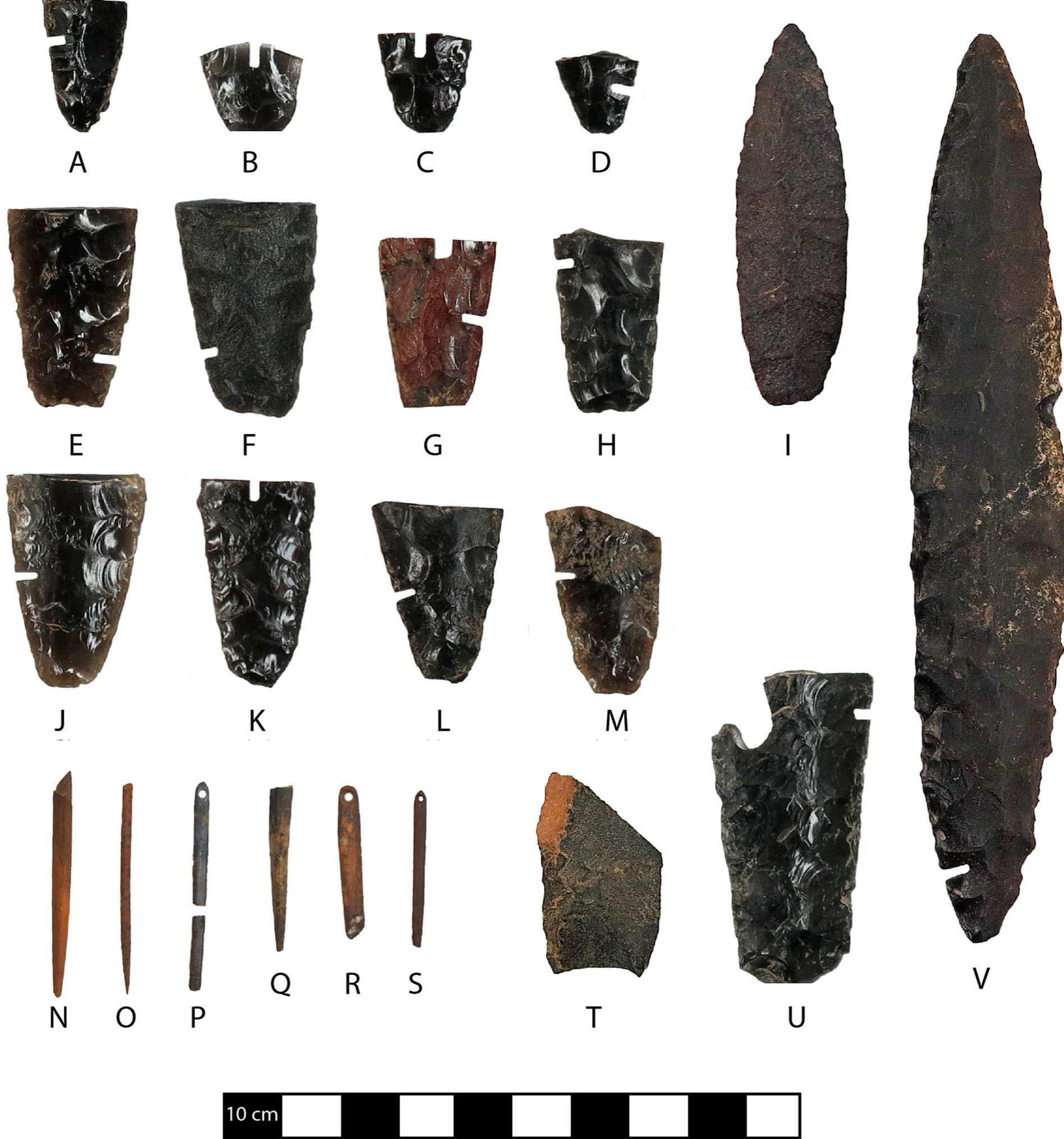 Artifacts from lu3 at connley cave 4: a-m, basal fragments