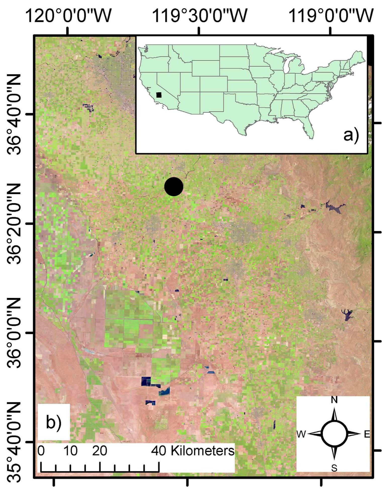Map of peach study site. (a) map of united states with
