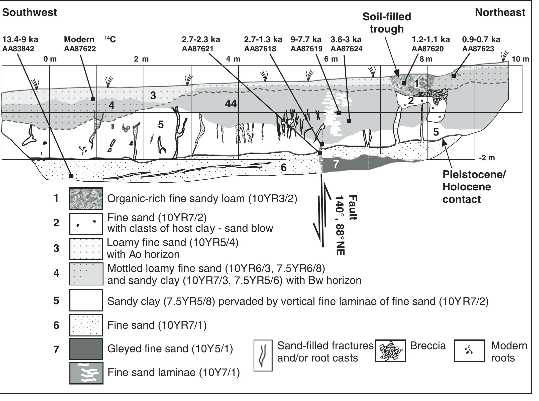 Log of trench (northwest wall) across gee’s landing scarp