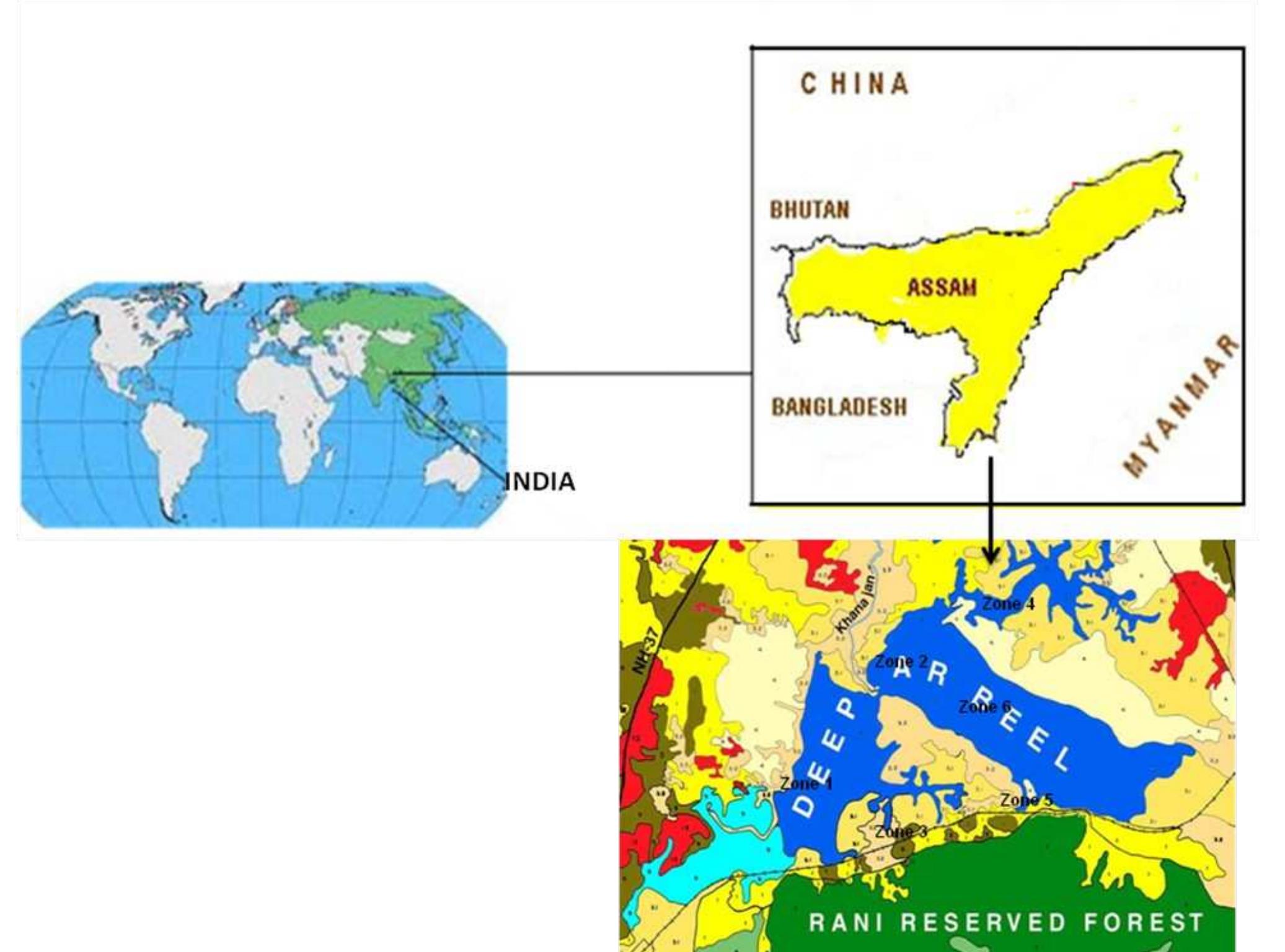 Map showing six different sample collecting sites at deepor