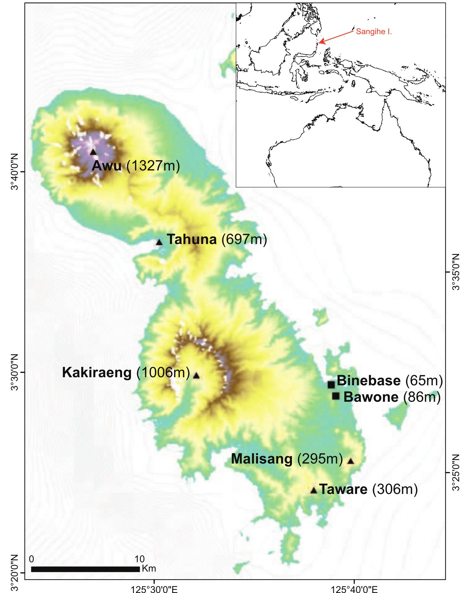 Inset: location of sangihe island. digitial elevation model