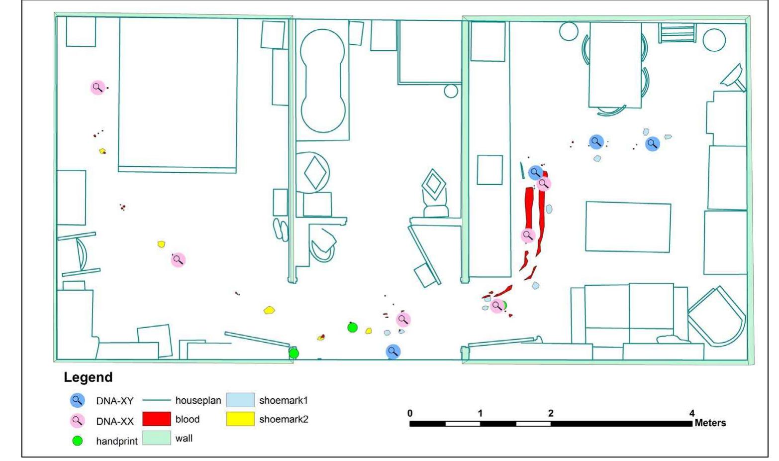 Map of the digitized features of the mock-up crime scene.