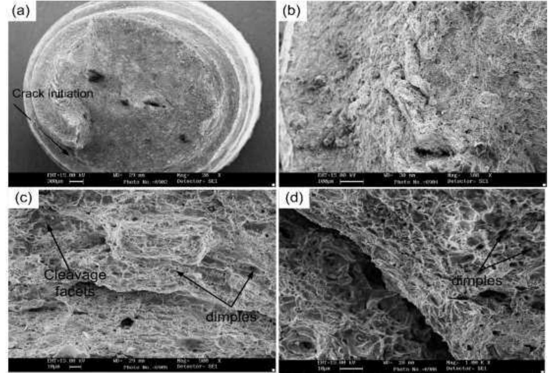 Fracture morphology of aisi 8620 implant specimen; (a)