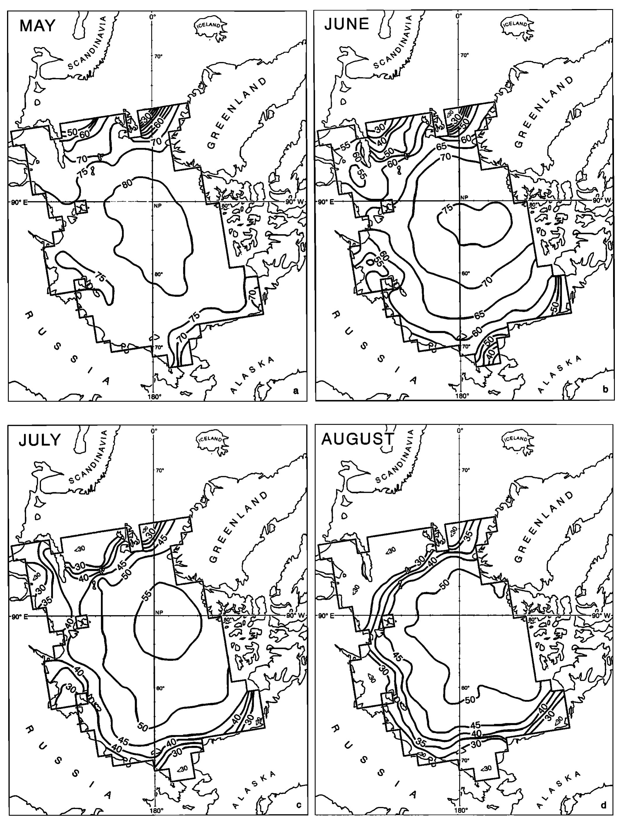 Mean monthly surface albedo (percent) for the arctic ocean