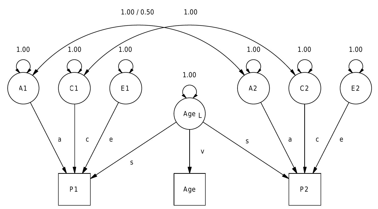 2: path model for additive genetic (a), shared environment