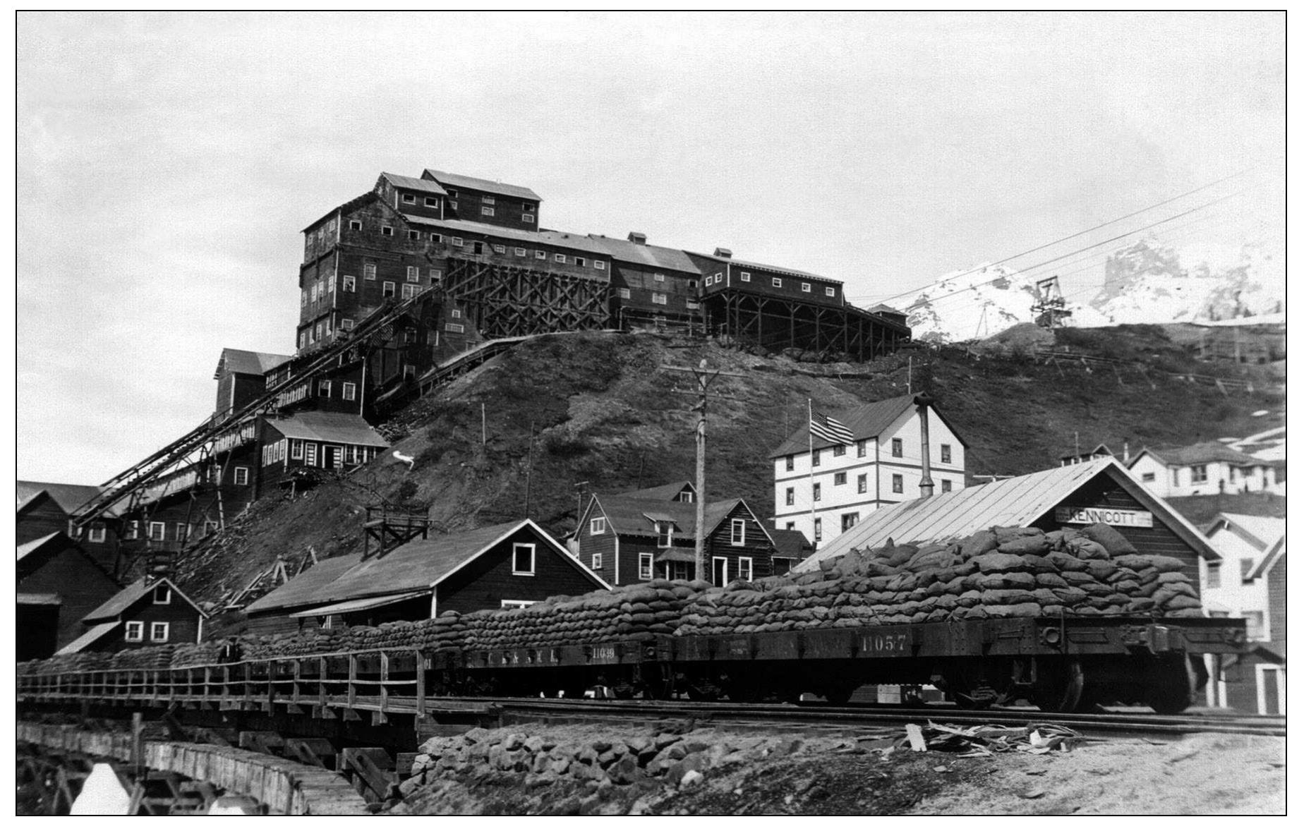 The kennecott mine mill building and railroad cars full of