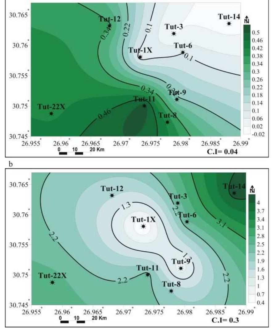 Sand/shale ratio map of; a) upper bahariya formation, and b)