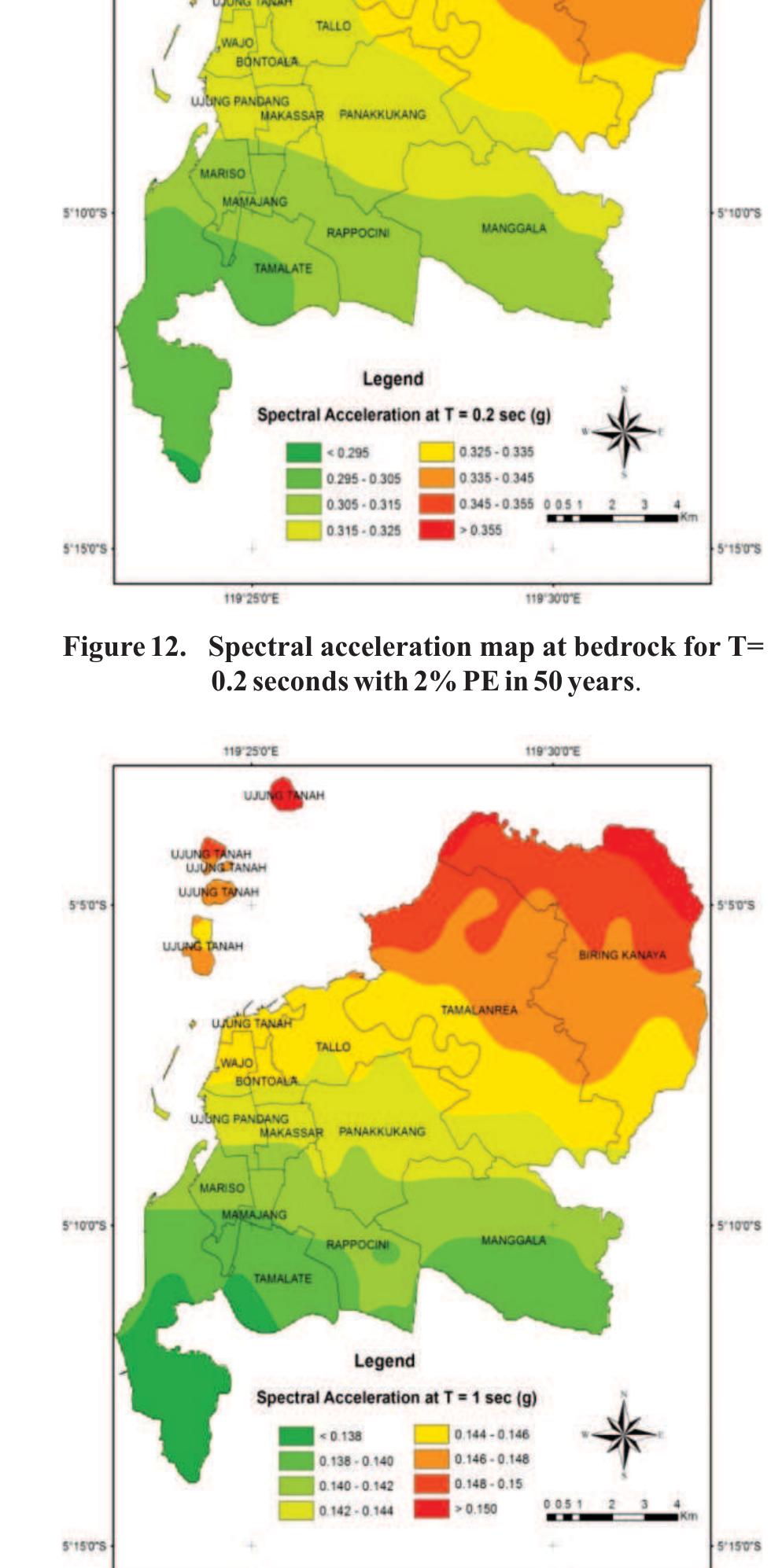 Spectral acceleration map at bedrock for t= 1 second with 2%