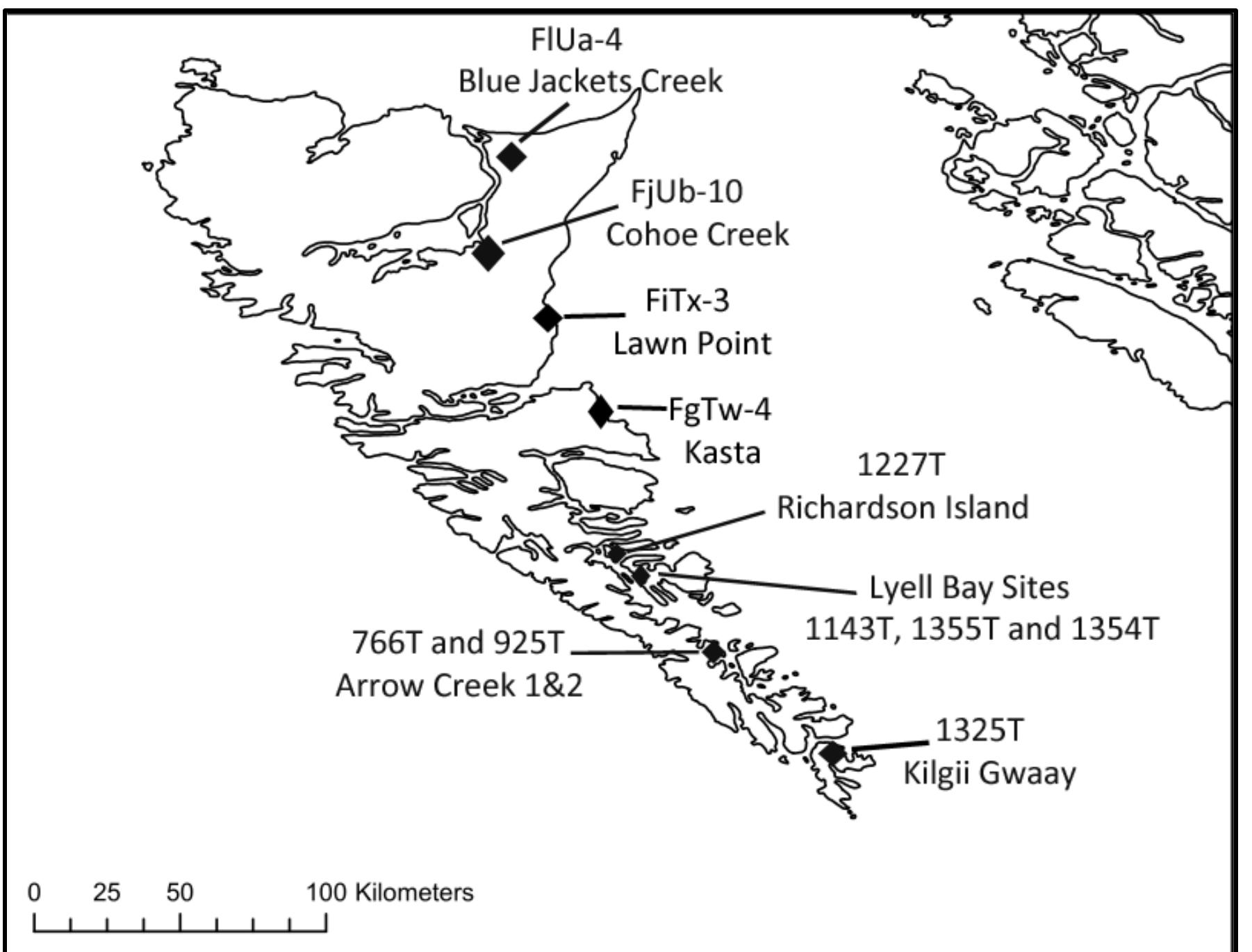 Map of haida gwaii showing the locations, names and site