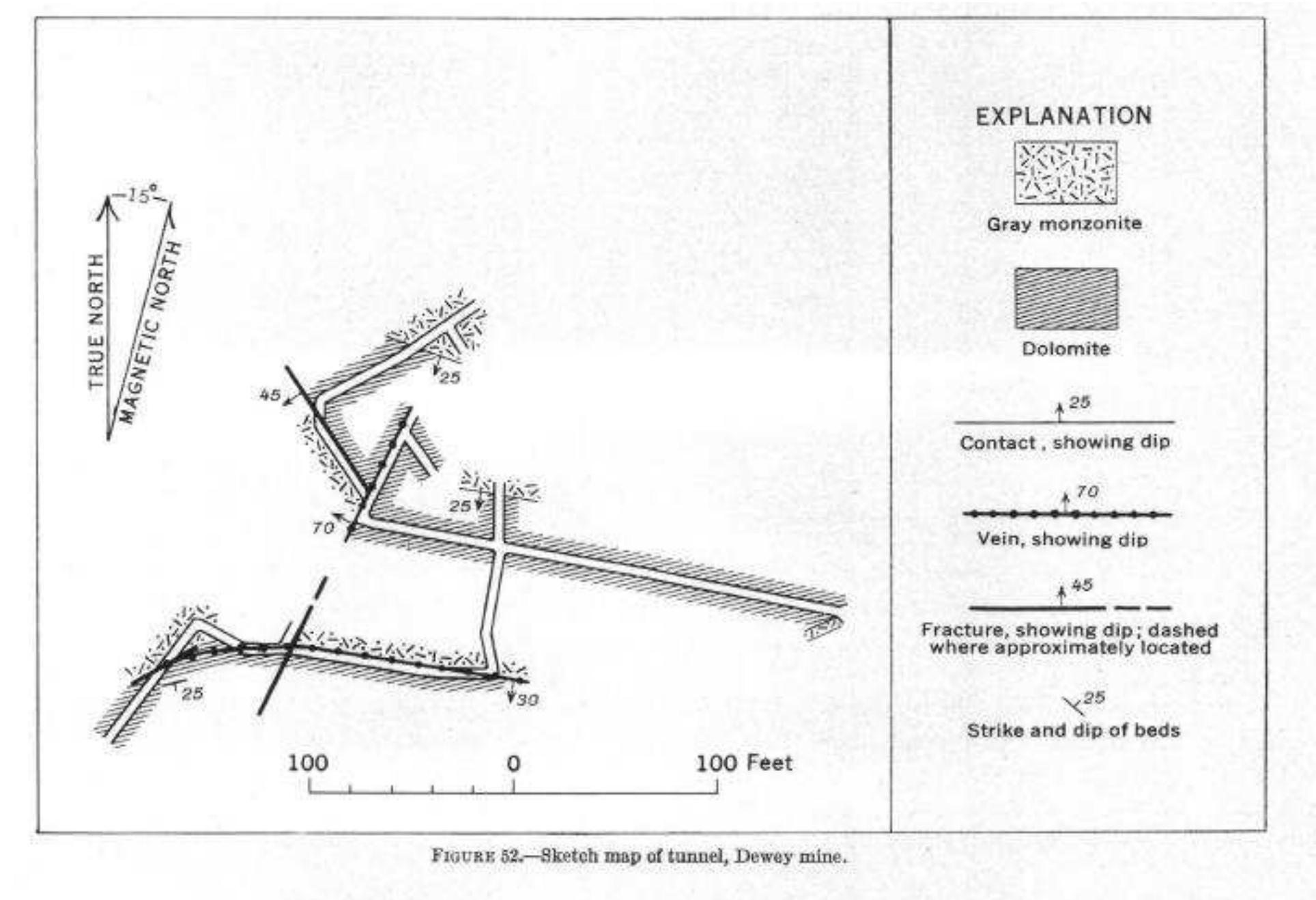 Sketch map of dewey mine tunnel.from hewett,1956, p. 138 the