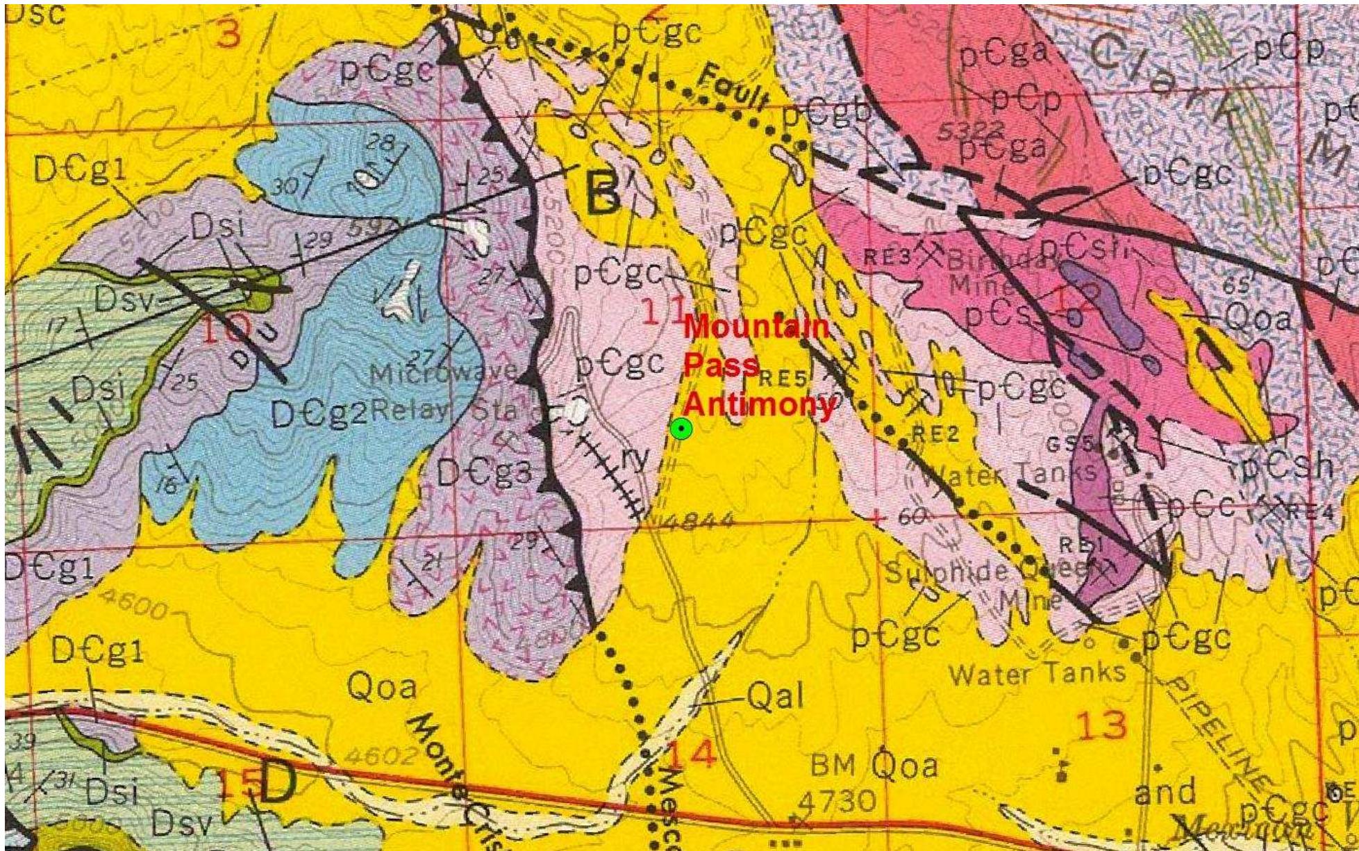 Geologic map of the mountain pass antimony mine and