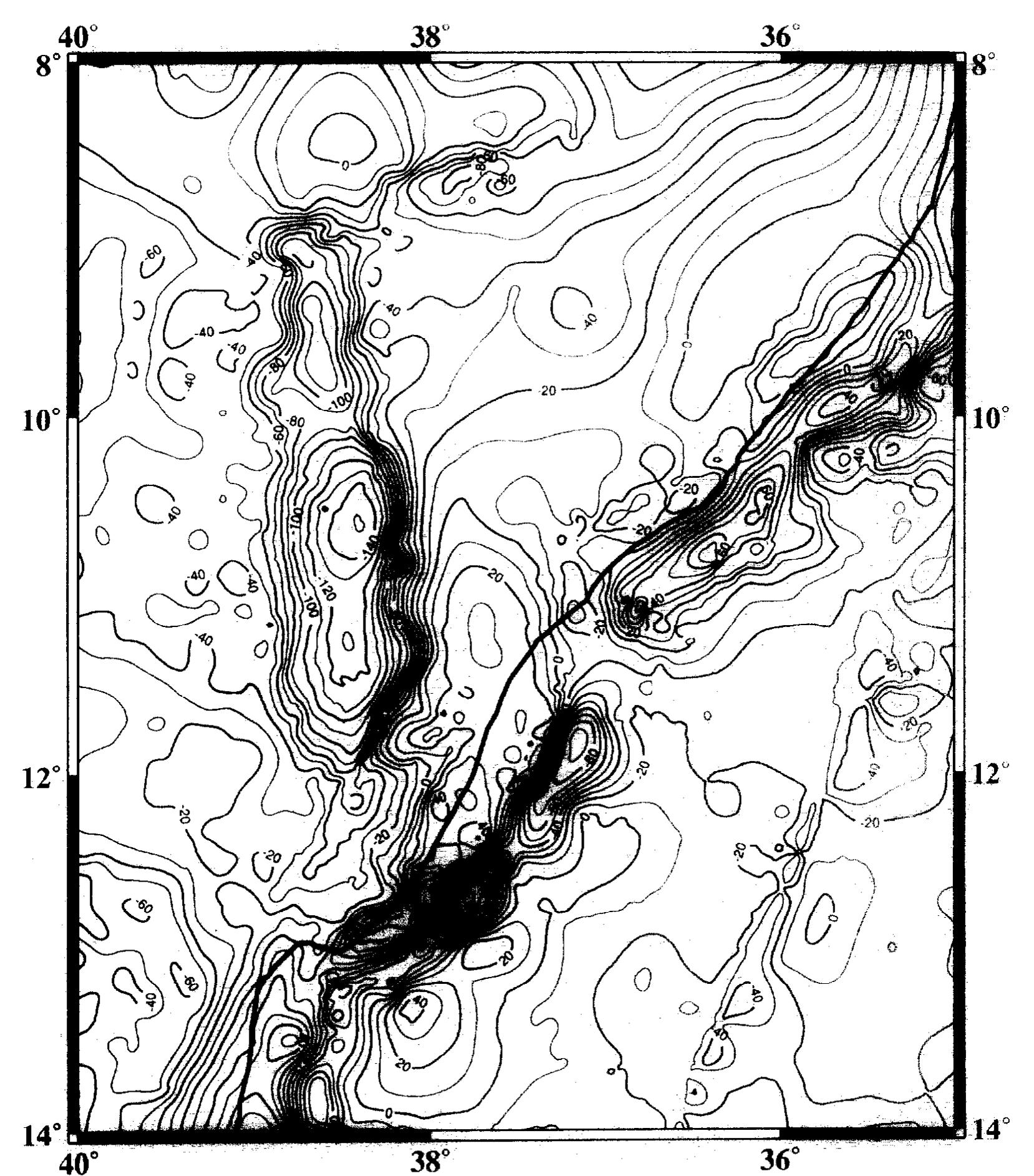 Contour gravity map across the tucano, reconcavo, and