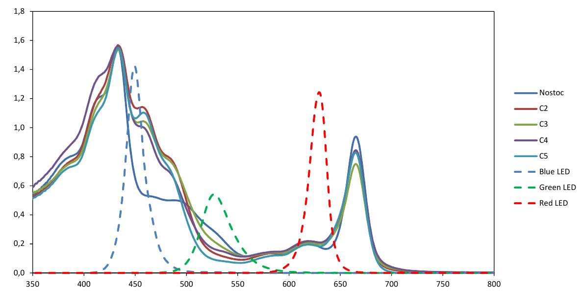 Absorption spectra of pigments and emission spectra of led