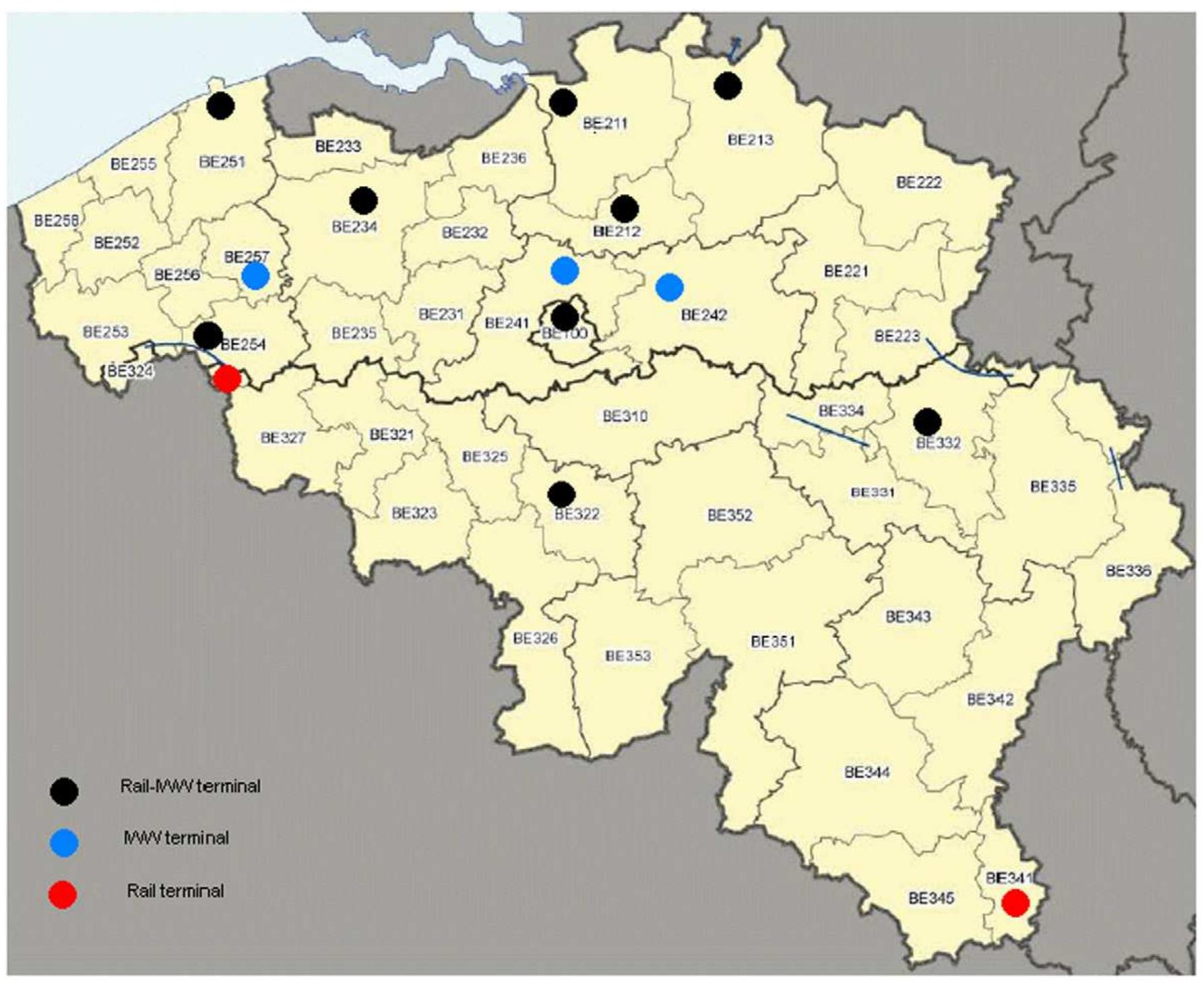 Map of the rail-iww, iww and rail terminals in belgium.