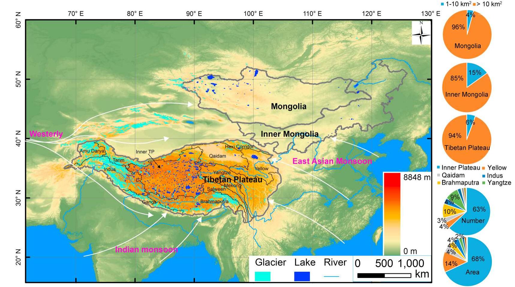 Locations of lakes, glaciers, and major river basins on the