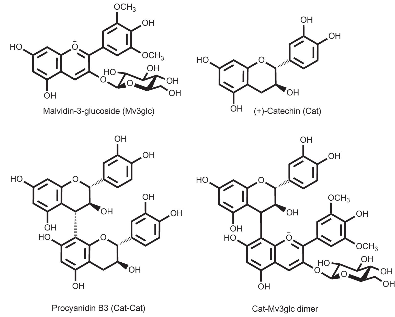 Structures of malvidin-3-glucoside (mv3glc); (+)-catechin