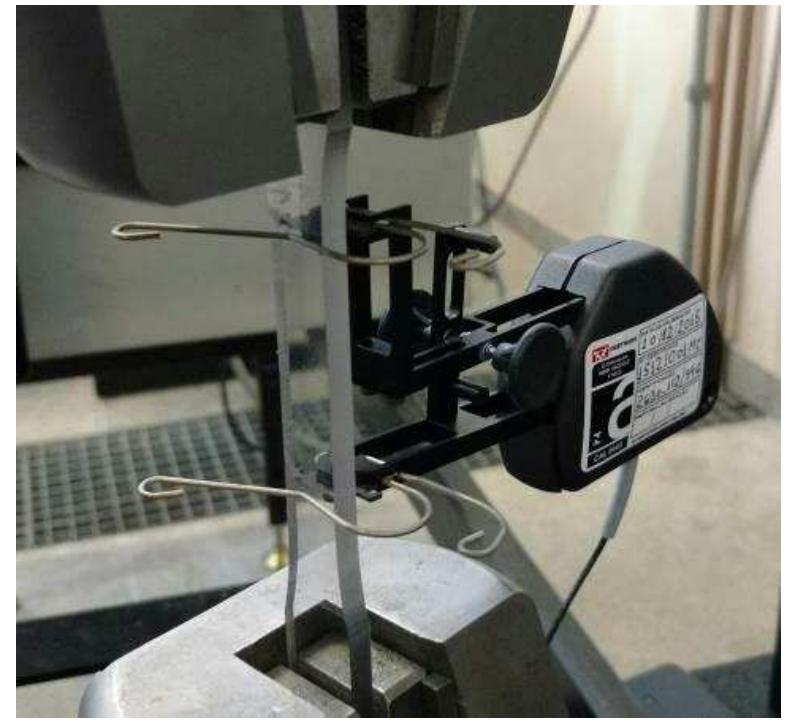Clip-on extensometer type utilized during tensile testing.