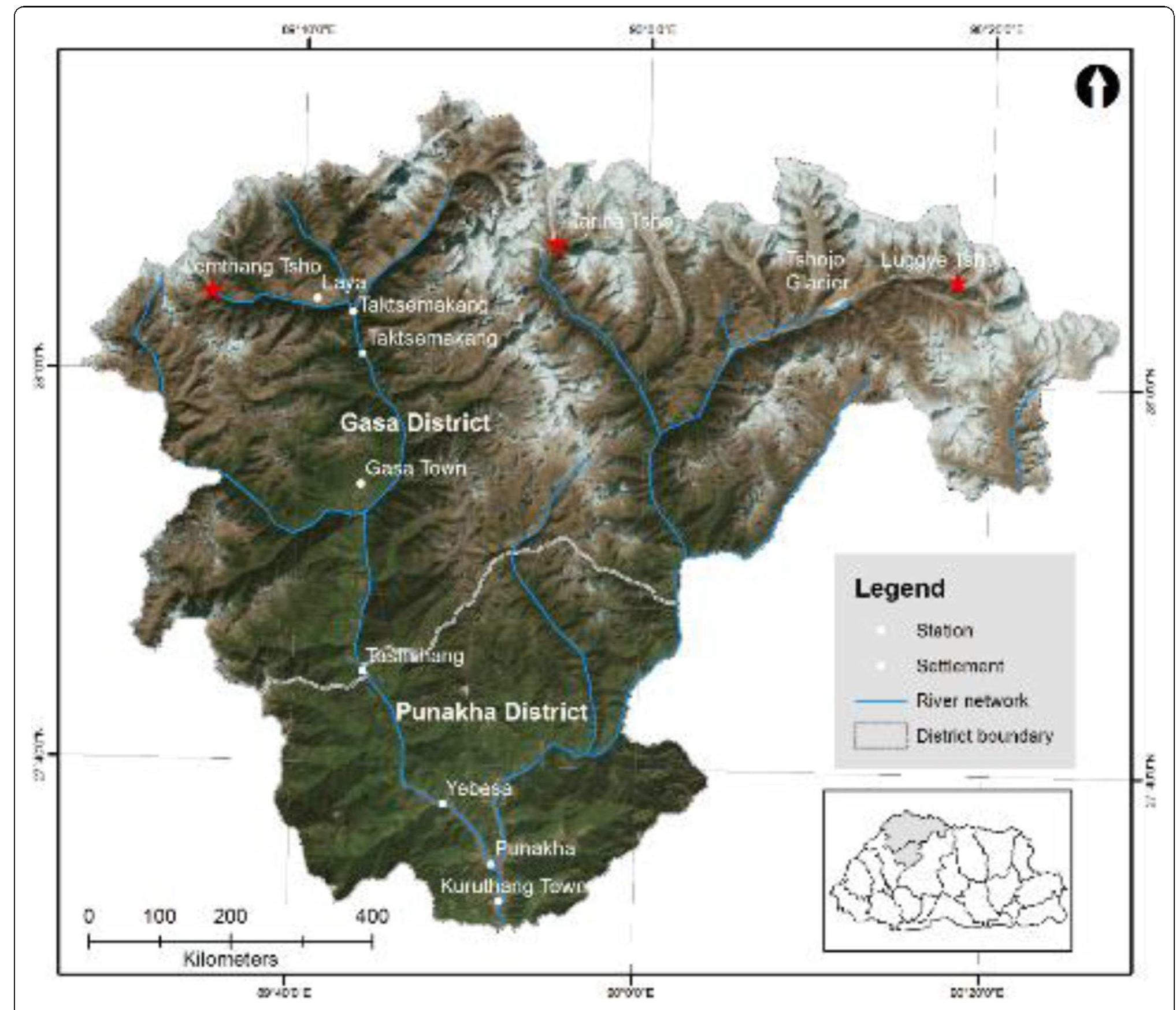 Map of gasa and punakha districts showing locations of