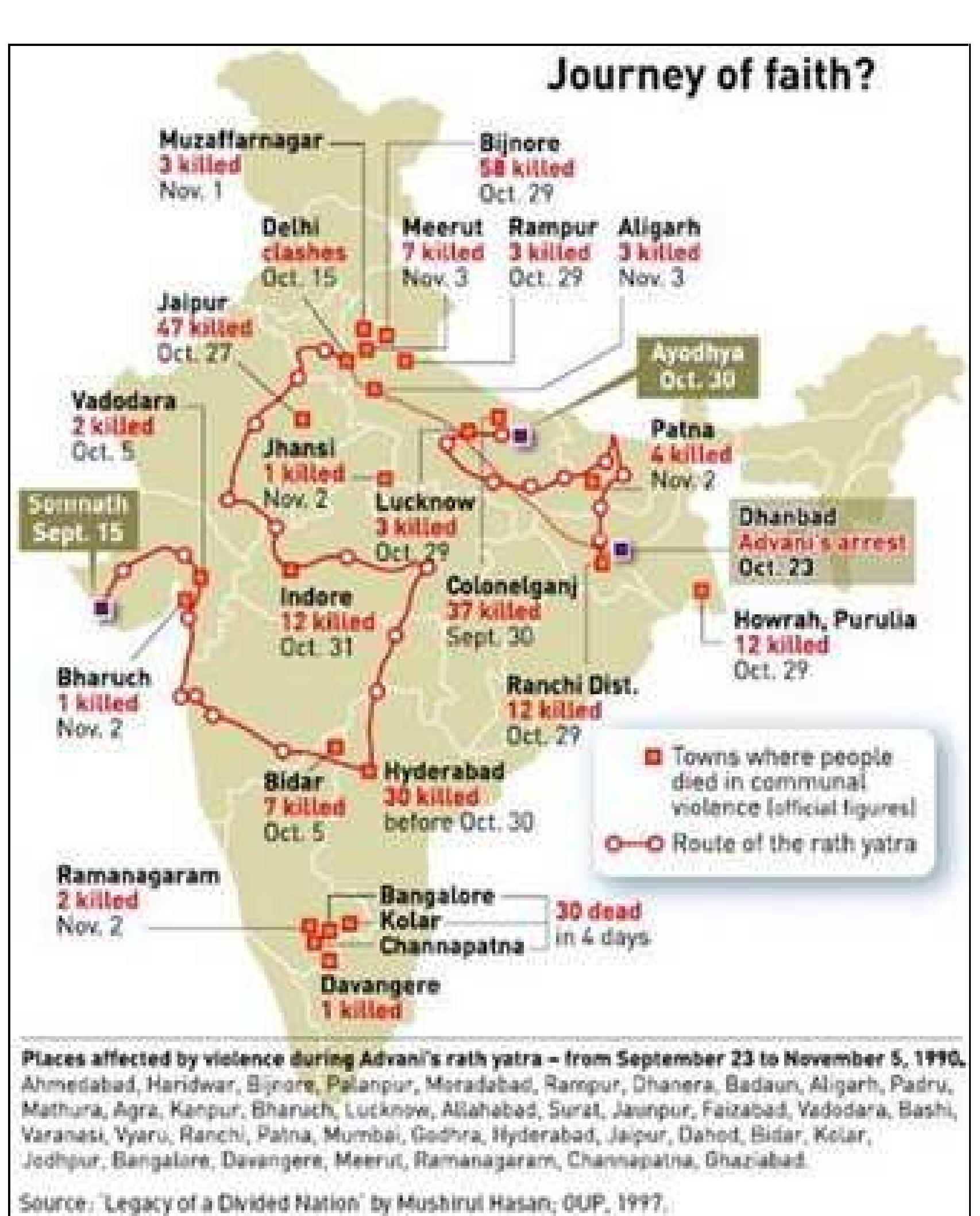 Map 3: 1990 chariot procession (rath yatra) locations and