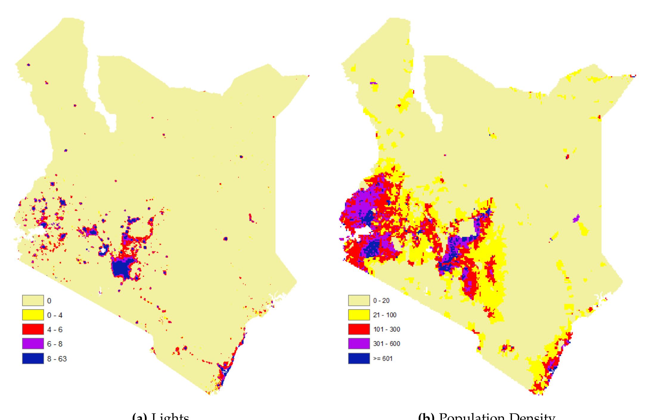 Nighttime light density and population density note: the