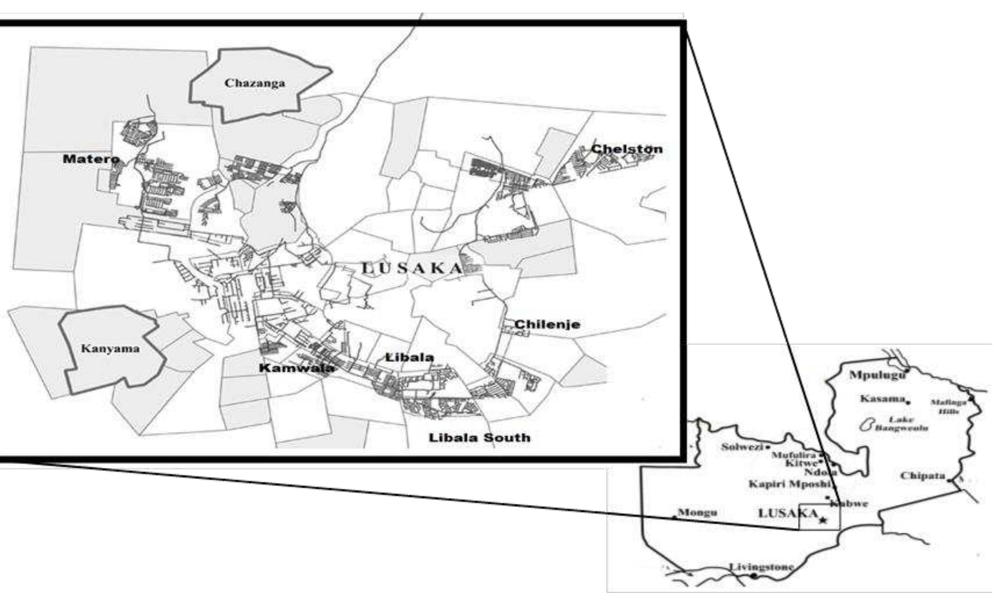 ; map of lusaka districts showing the main townships