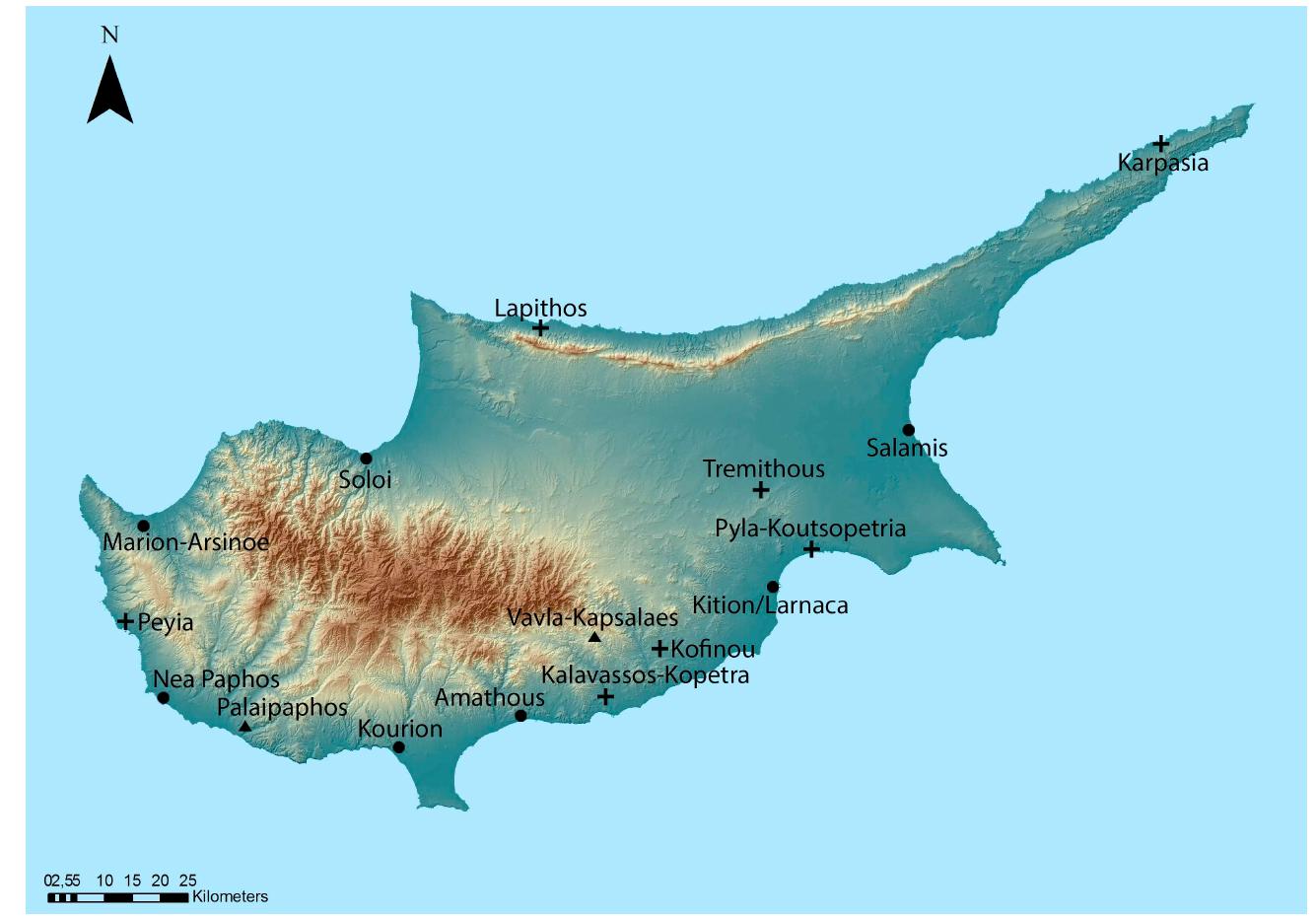 Map of cyprus with places and archaeological sites mentioned