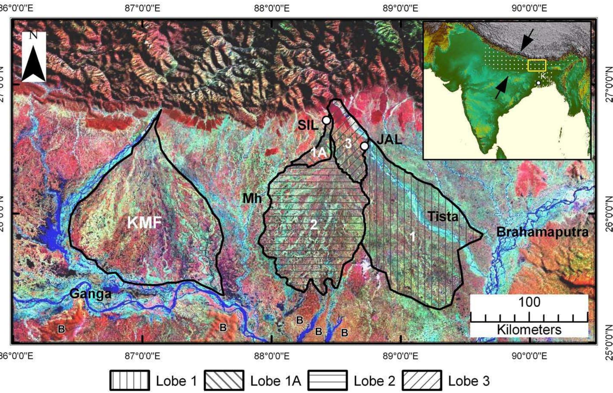 A generalised map showing the tista and kosi megafans and