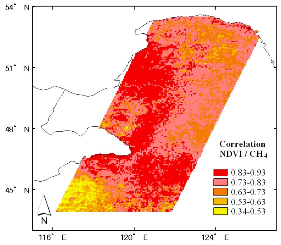Map of correlation coefficient between ndvi and ch, in