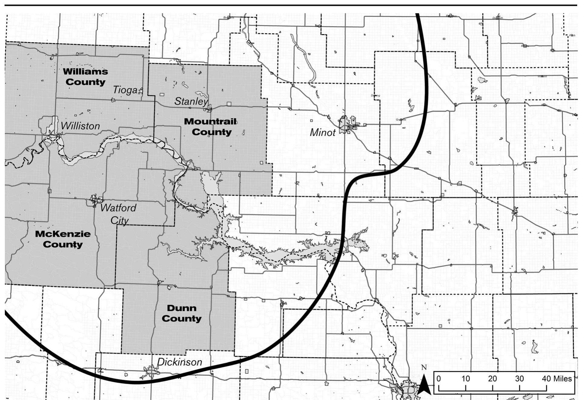 Map showing the bakken formation, delineated by the thick