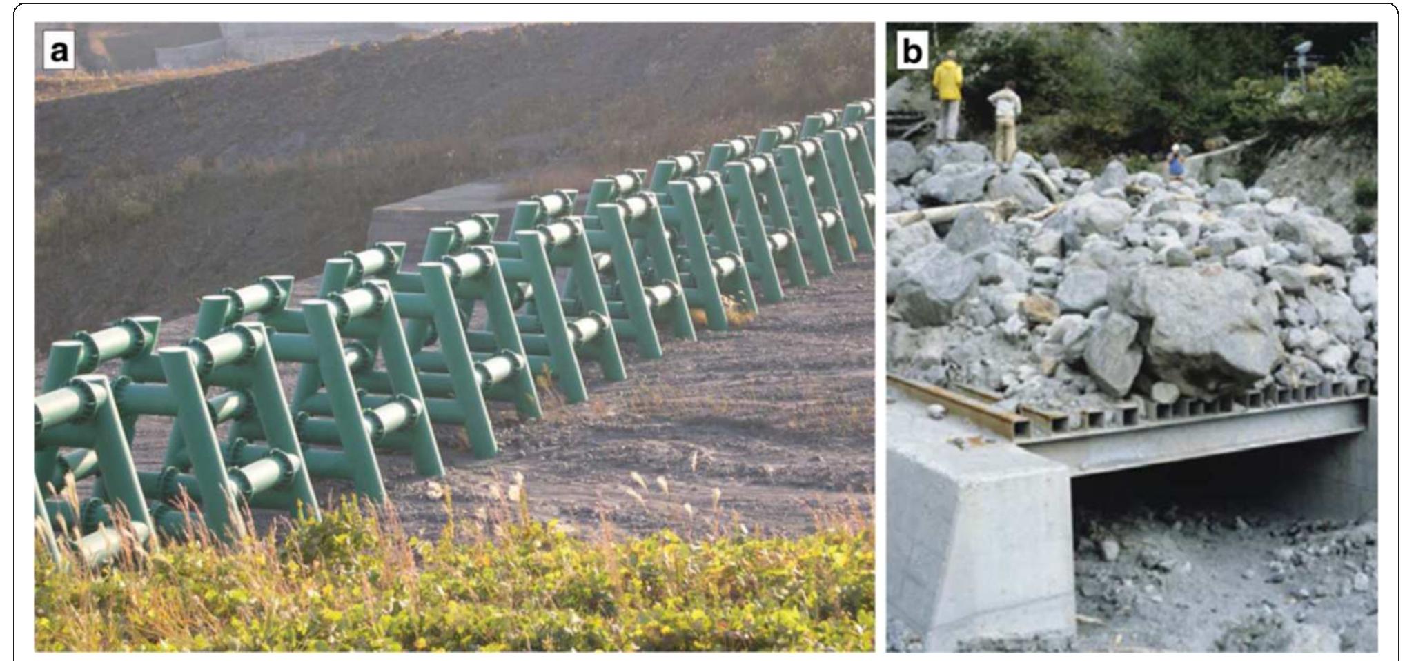 Examples of permeable lahar flow-control structures. (a)