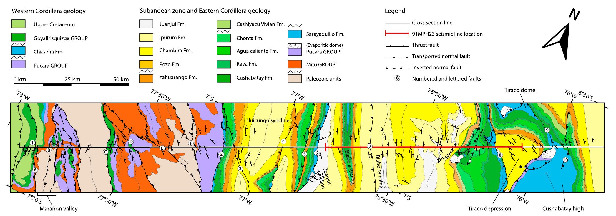 Geological map with dip data. modified after the 1:1,000,000