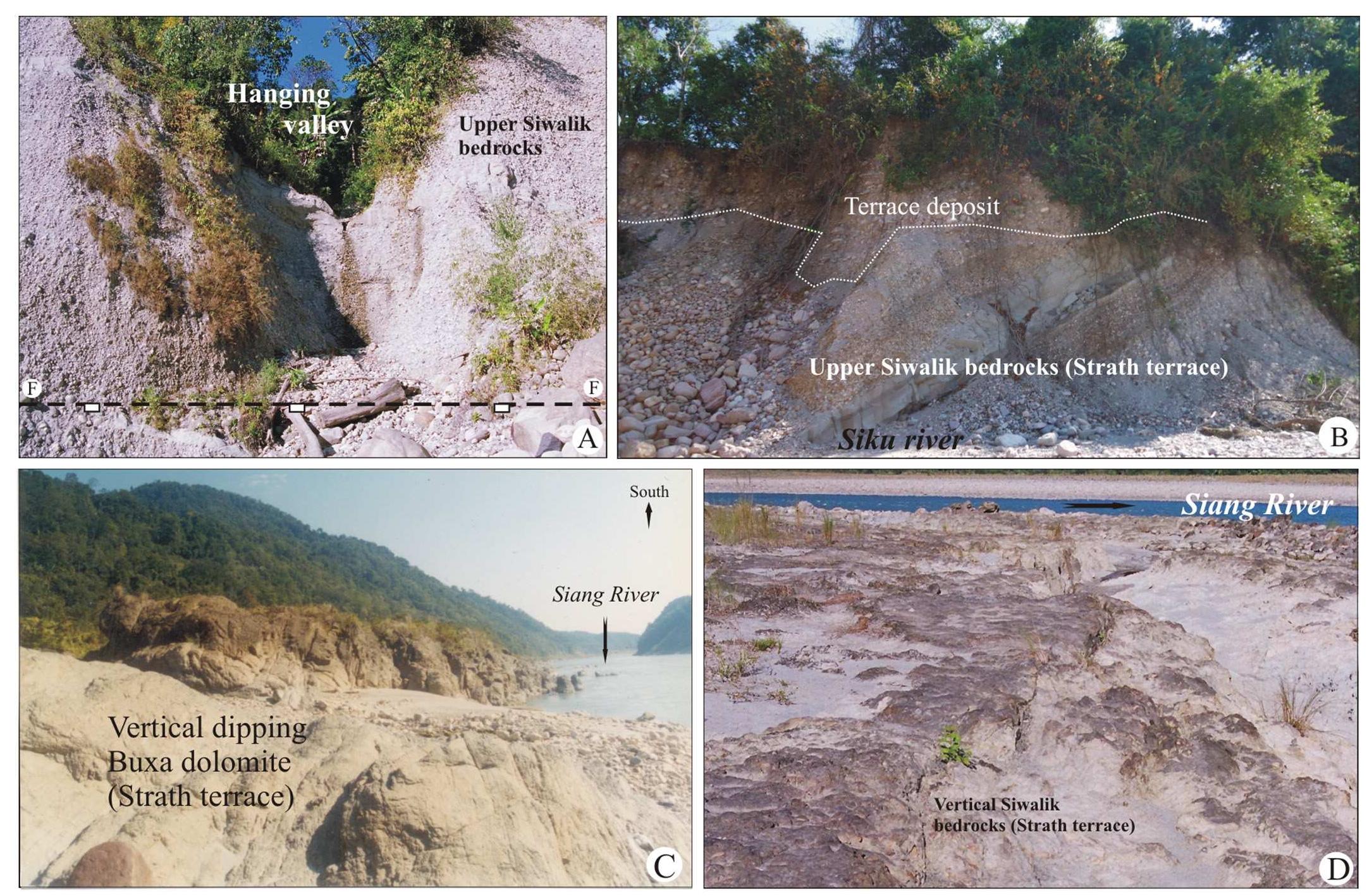 Field photographs showing uplifted bedrocks and terrace
