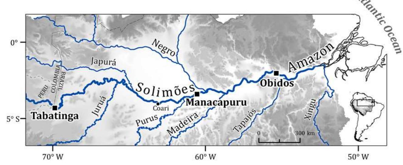 Map of the amazon river and the major tributaries. the