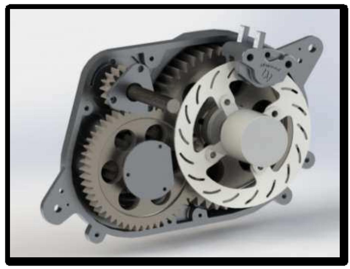 Rendering of completed gearbox design in solidworks (half of
