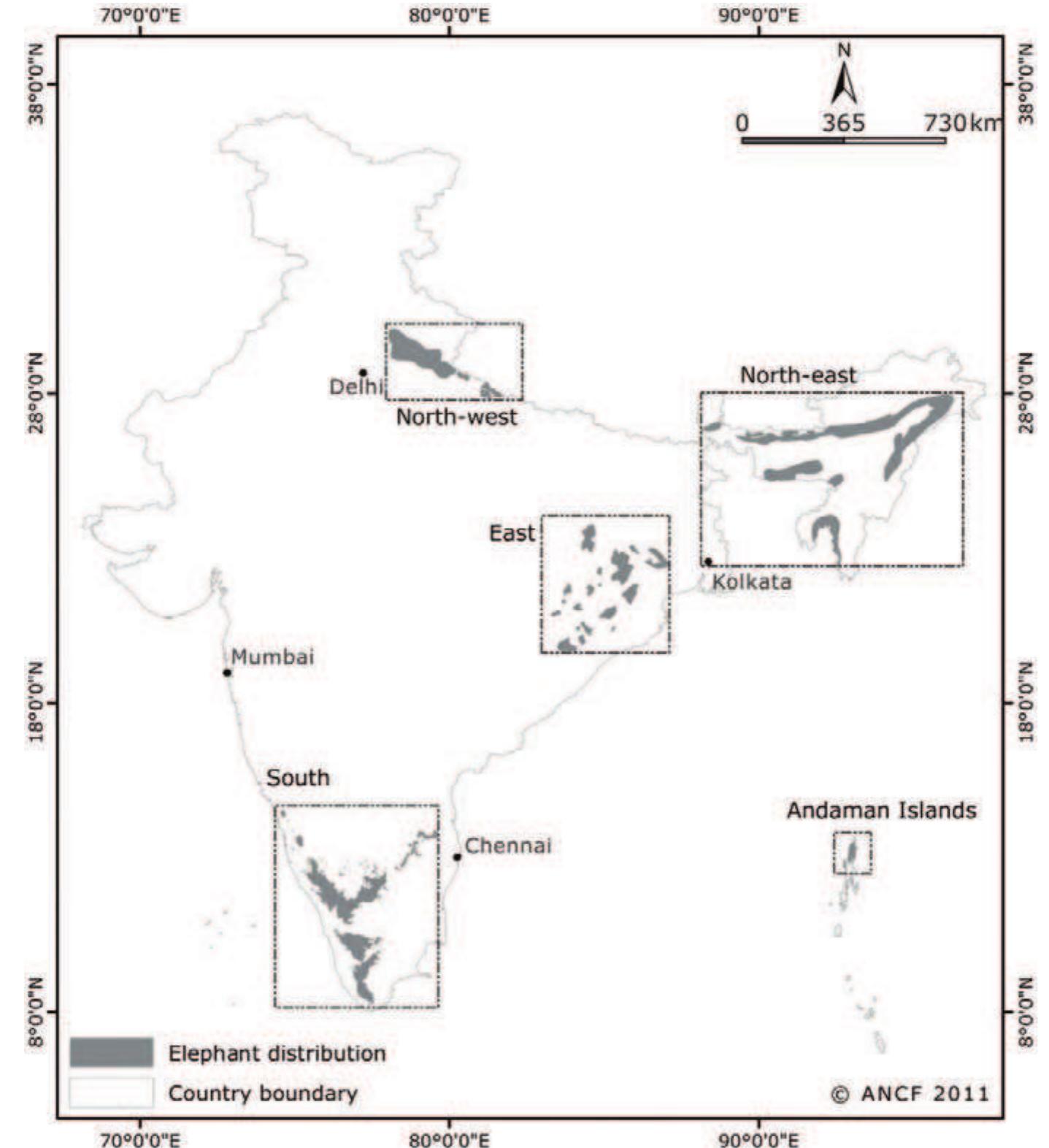 Map showing the regional distribution of asian elephant in
